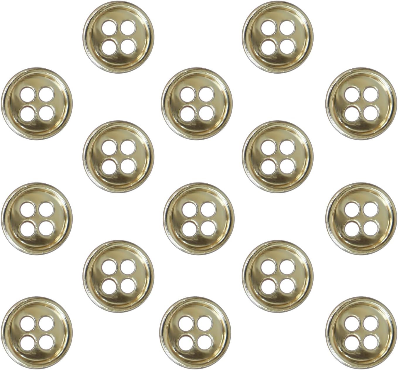 ●【サイズ】直径約10mm　【数量】15個　【1粒の重さ】約0.7g●【ボタンの形】四つ穴ボタン 【材質】金属●【カラー】ゴールド（金） 鏡面仕上げ●【特徴】糸通し用の穴が四つ空いた、衣類に合わせやすいメタルボタンです。●【用途】お手持ちの...