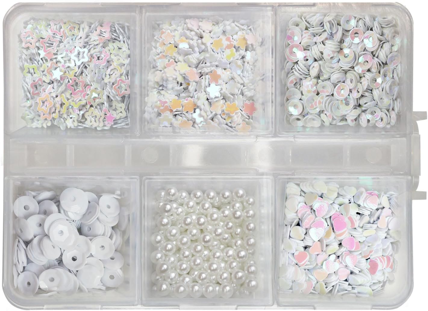 ●【サイズ】容器：約8×6.5×1.5cm　スパンコール：約3〜8mm●【材質】PVC●【カラー】ホワイト●【特　徴】ネイルやレジン、ハンドメイド作品などにぴったりなホワイト系のカラーのスパンコールセットです。●パーツごとにフタが開閉できま...