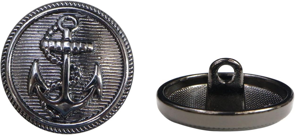 ●【サイズ】直径約17.5mm 【1粒の重さ】約2.4g 【数量】8個 ●【ボタンの形】足つきボタン 【模様】錨・碇（イカリ） ●【材質】金属 ●【メタル部分のカラー】ブラック ●【特徴】程よくツヤ感があるメタルボタンです。中心のイカリ模様...