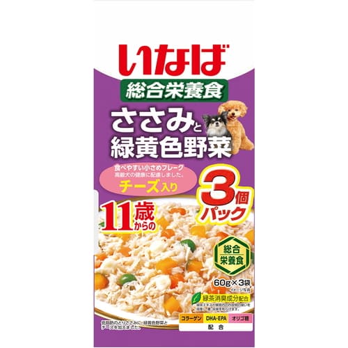 広告文責・販売事業者名：株式会社ビューティーサイエンスTEL 050-5536-7827・・・・・　商　品　詳　細　・・・・・ 商品名 いなば ささみと緑黄色野菜 11歳からのチーズ入り 内容量 60g×3袋 商品説明 ・ささみをベースに緑...