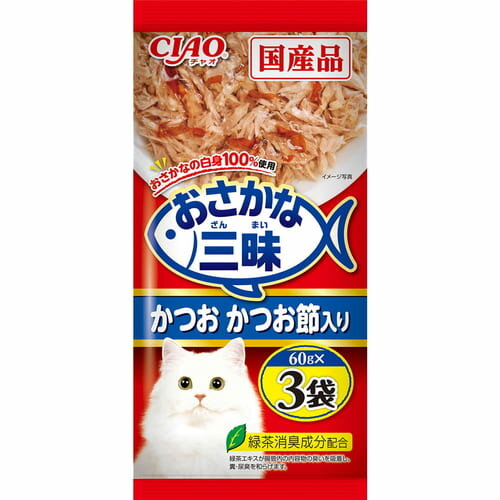 広告文責・販売事業者名：株式会社ビューティーサイエンスTEL 050-5536-7827・・・・・　商　品　詳　細　・・・・・ 商品名 CIAO おさかな三昧 かつお かつお節入り 内容量 60g×3袋 商品説明 ・お魚の白身を100％のフ...