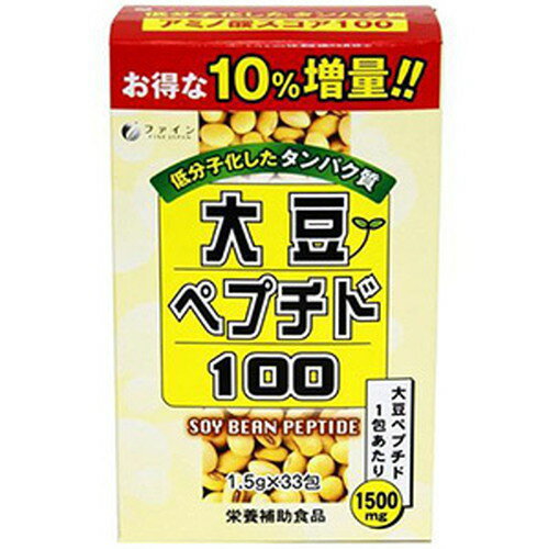 商品名 大豆ペプチド100 1.5g×33包入 内容量 1.5g×33包 原材料 大豆ペプチド(中国製造、分別生産流通管理済み) 栄養成分 1包(1.5g)あたりエネルギー：5.3kcal、たんぱく質：1.2g、脂質：0.03g、炭水化物：...