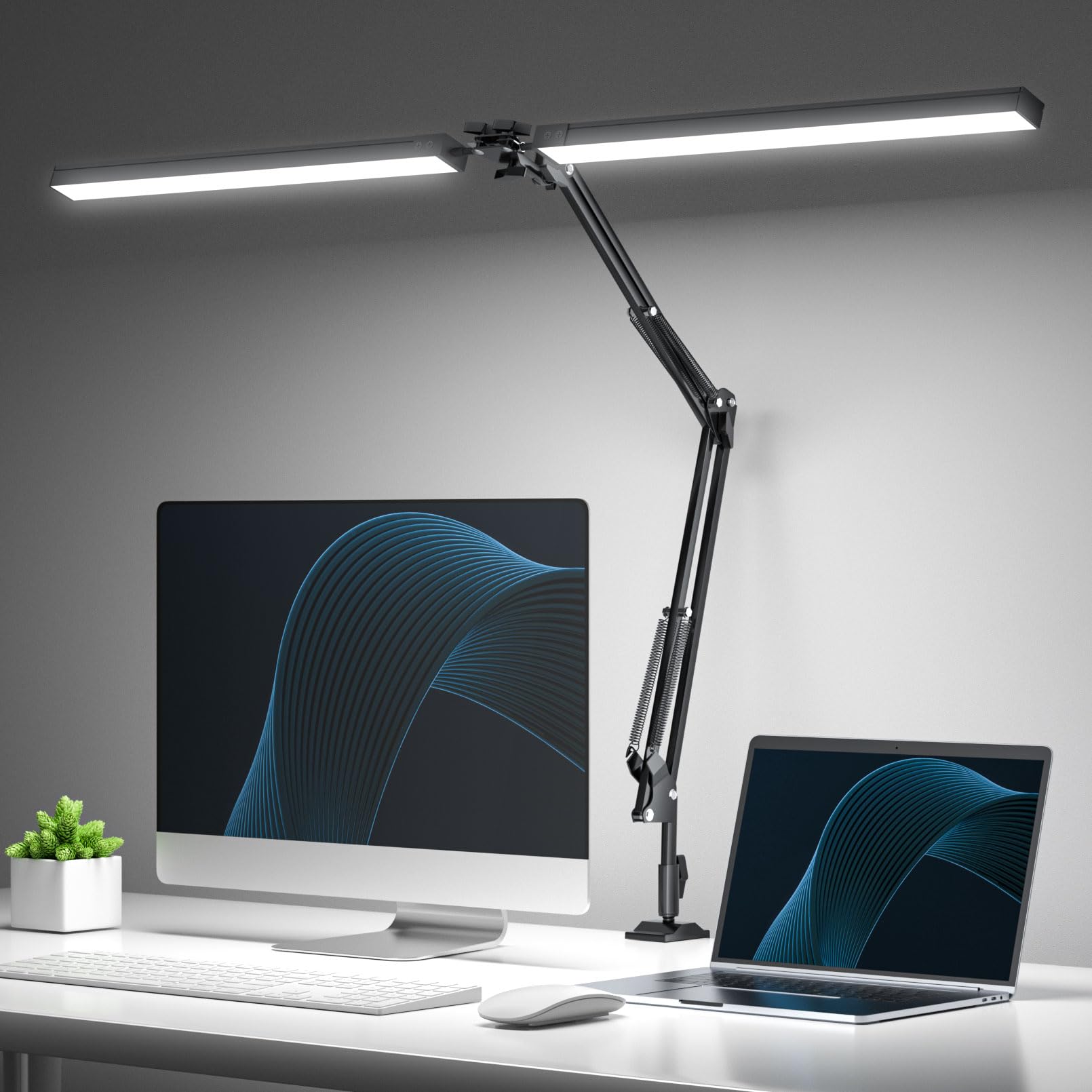 ・超大型、ワイド＆明るい： この26インチワイド24W 1000Lm LED 電気スタンドは、360度回転可能なダブルヘッドデザインで、ライトバーの角度を調整できます。マルチモニターワークステーション、ホームオフィス、大型作業台、書斎、建築...