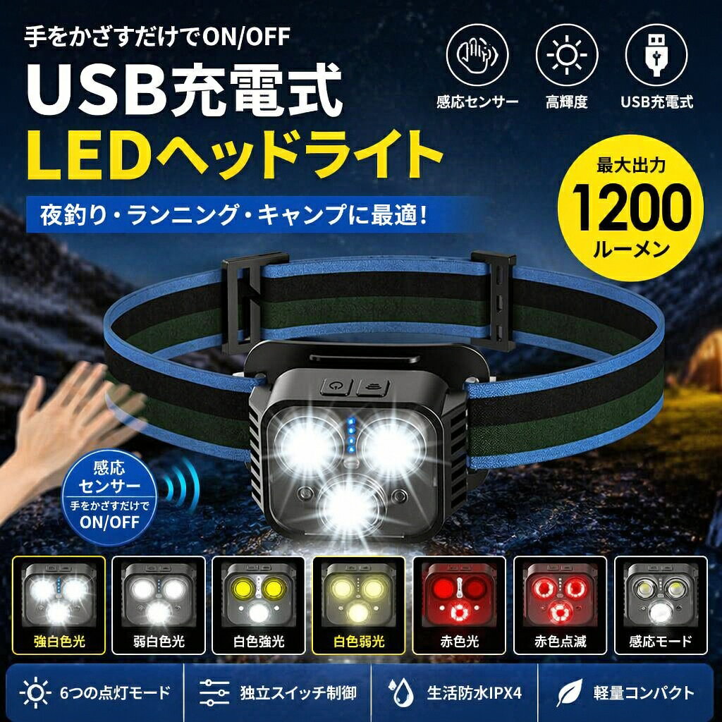 超軽量＆多機能！USB充電式LEDヘッドライト（5灯/3灯選べる） 製品仕様 商品名：USB充電式LEDヘッドライト（モーションセンサー搭載） モデル：5灯タイプ / 3灯タイプ 灯芯：高出力LED×5 / ×3 サイズ： ・5灯：88×4...