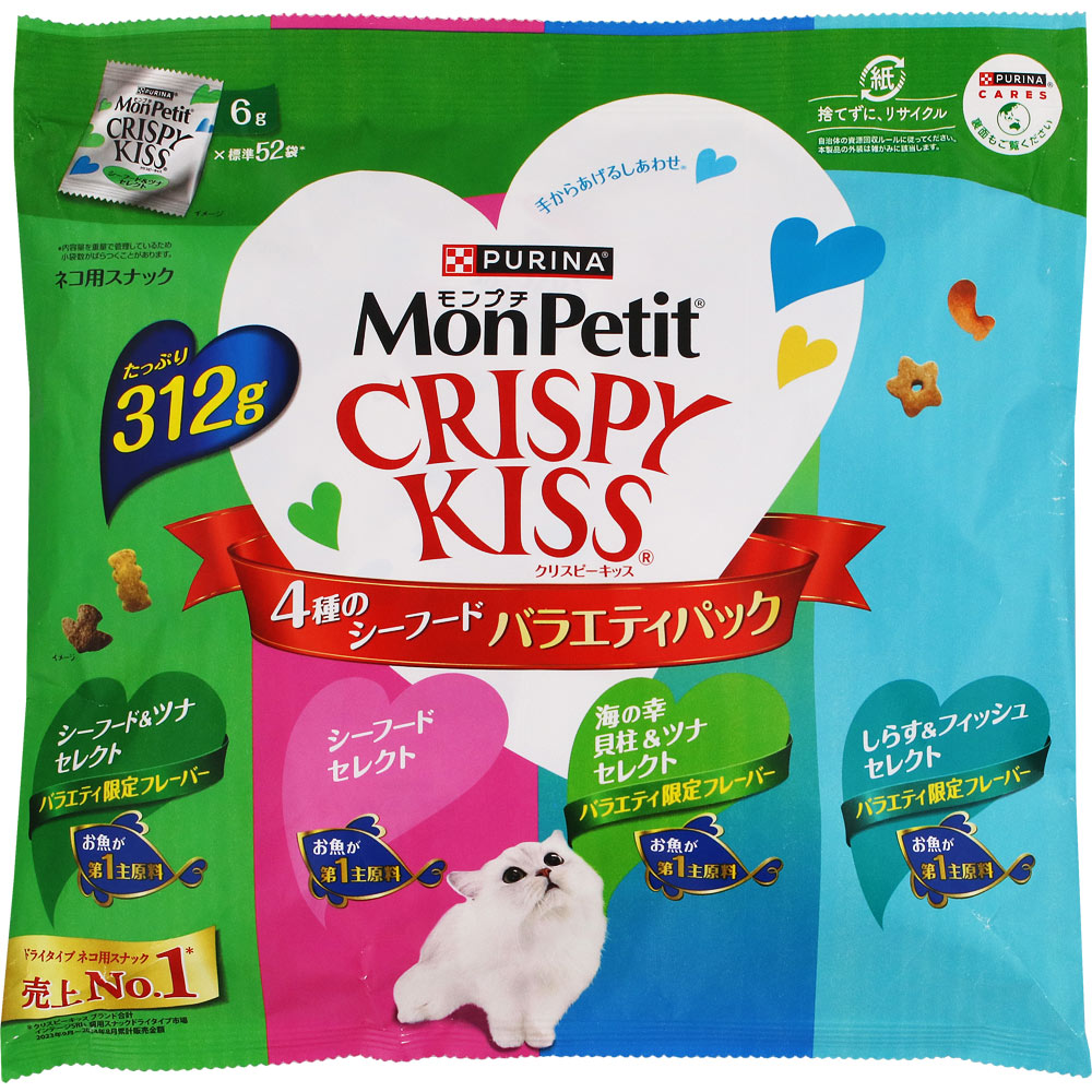 ※写真はイメージです。実際にお届けする商品とパッケージなどが異なる場合がございます。商品の特徴1袋に4つのおいしさ！グルメなネコちゃんも満足する大袋バラエティパック！お魚を第1主原料に使用した、香り広がるクリスピーなおやつ。原料・成分等【原...