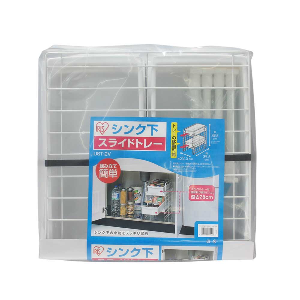 商品情報ポイント●ねじを使わず簡単に組み立てられるシンク下収納です。●スライドトレーが付いており、調味料類が倒れにくい構造になっています。仕様商品重量(約)：1789g耐荷重(約)：全体6kg、棚1枚あたり3kgJAN4905009734528