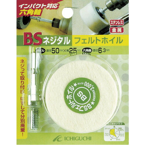 ●対象物へやさしく当たります。●白棒/青棒を塗りつけることで、金属などの鏡面研磨ができます。●日本製のフェルト、軸を使用しています。●ステンレス、アルミ、真鍮、金属の研磨、ガラス。●外径(mm)：50●幅(mm)：25●軸径(mm)：6.3...