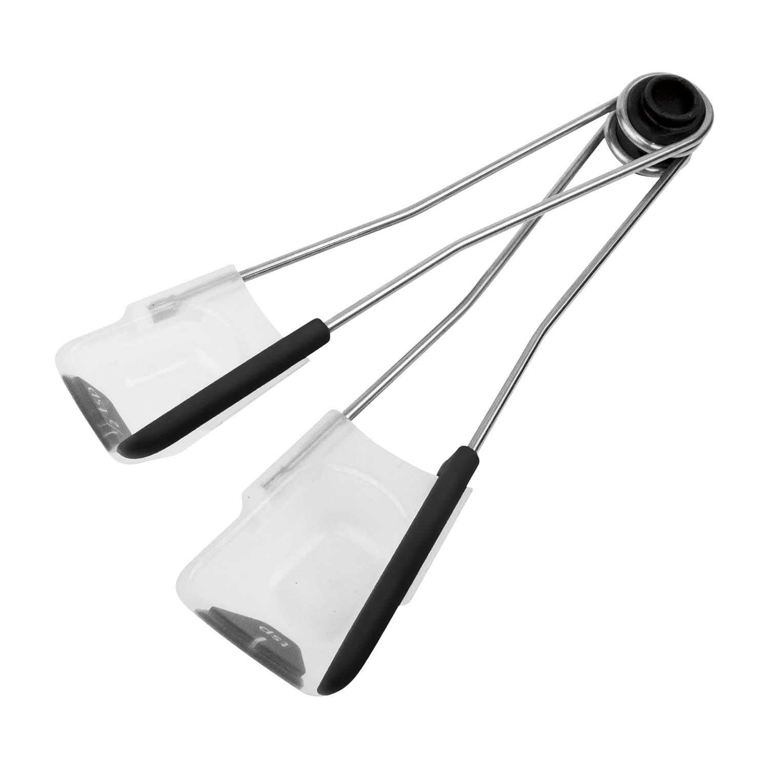 片手で簡単にすりきりできる計量スプーンです。1.25ml、2.5ml、5ml、15ml、4つのスプーンを、必要な量に合わせて使い分けすることができます。スプーンは重ね合わせてコンパクトに収納できます。カラー：ブラック 製品サイズ：W3.8×...