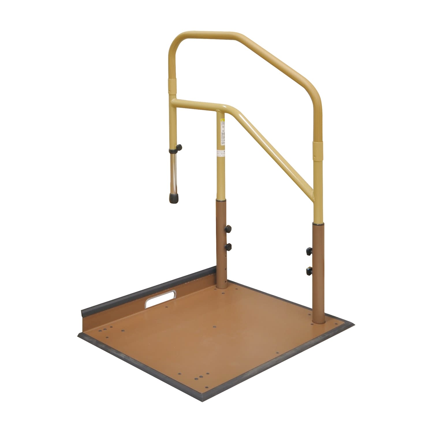 ●上がりかまちの昇降を安全にサポートします。●手すりは握りやすいφ34mm、水平部が長くて安心です。高さは使用される方に合わせて調整可能。●ベースプレート表面にはすべり止め加工付です。松吉医科器械｜総合カタログ｜医療・介護・ドクター・ナース