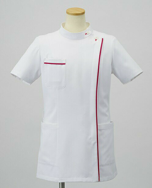 ●定番のケーシーをフレッシュにアレンジ。ローズのテープと釦ホールが女性らしいイメージ。●ファインパラセアフィット(ポリエステル100%)●EL：バスト112肩巾44袖丈22着丈71松吉医科器械｜総合カタログ｜医療・介護・ドクター・ナース