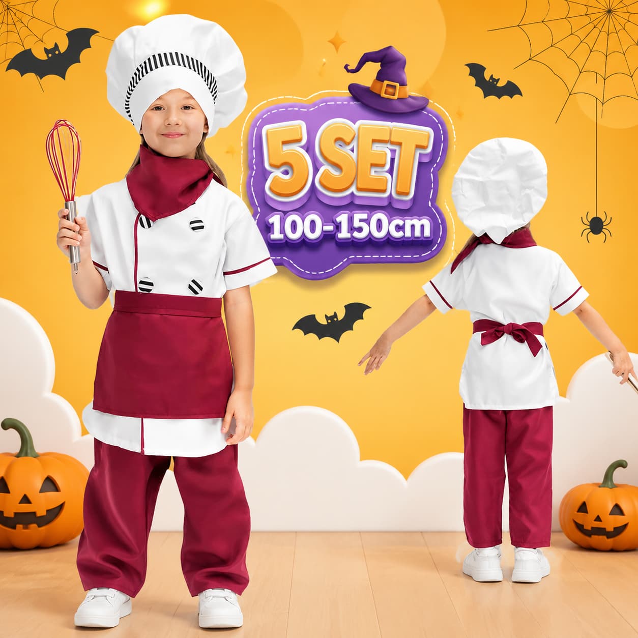 ハロウィンの季節にぴったりな子供用シェフのコスプレ衣装です。このセットには、帽子、トップス、パンツ、スカーフ、エプロンの5点が含まれており、まるで本物のシェフのような装いが楽しめます。サイズは100cmから150cmまで対応しており、幅広い...