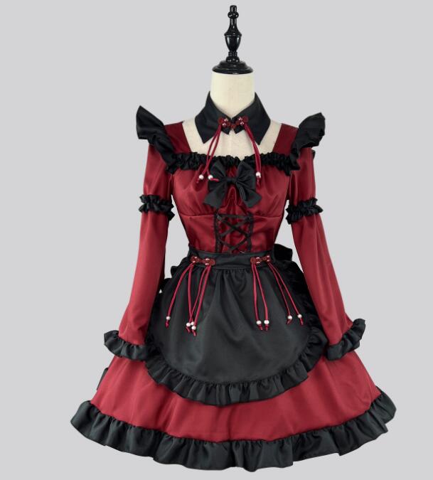 商品名 メイド服 長袖 ミモレ丈ワンピースチャイナ風喫茶店 色 赤 内容 衣装セット：ワンピース+エプロン+髪飾り+襟 サイズ S 　バスト80　ウエスト72　　着丈79　 M　バスト86　ウエスト77　　着丈81　 L　 バスト91　ウエ...