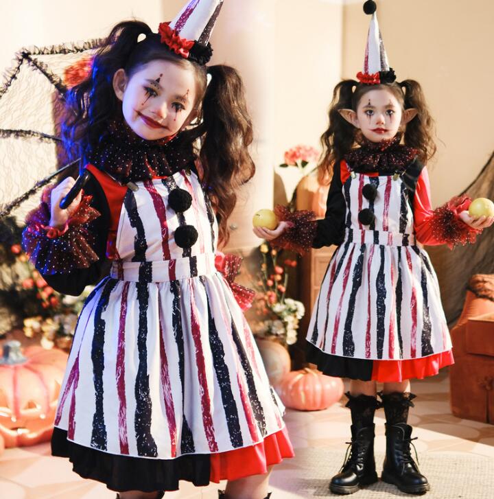商品名 ハロウィン コスプレ 子供 ピエロ 仮装 衣装 色 画像参考 サイズcm 110：バスト65　袖丈43　肩幅27　　着丈36　ワンピースウエスト58　丈63 120：バスト69　袖丈44　肩幅28　　着丈41　ワンピースウエスト62...