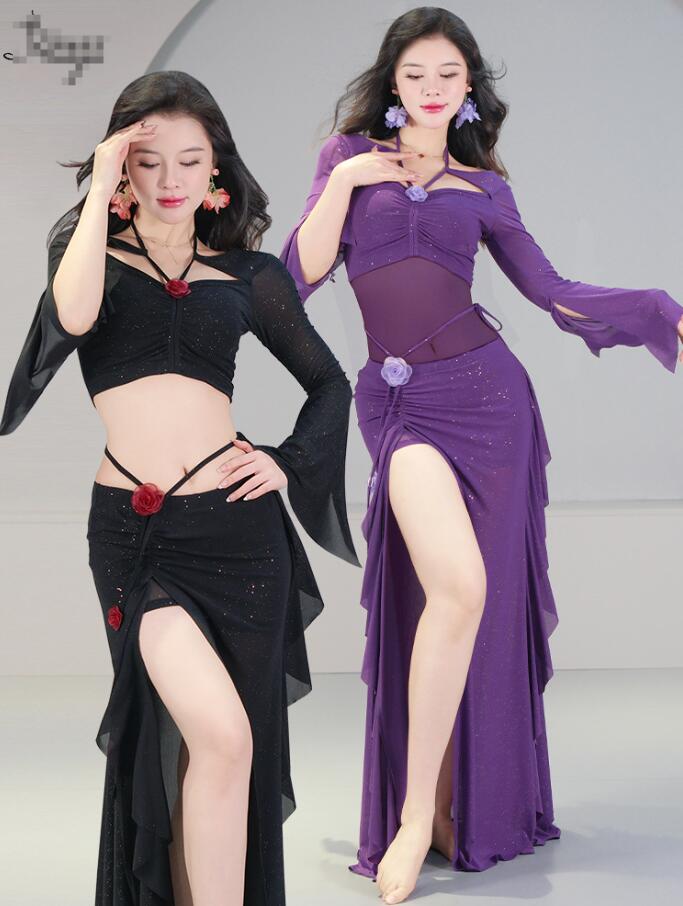 商品名 ベリーダンス 衣装 3点セット メッシュトップス 色 画像参考 サイズcm M 着丈35/59　バスト78　袖丈55　ウエスト60-90　スカート丈96　体重40-50kg L着丈36/60　バスト82　袖丈56　ウエスト62-94...