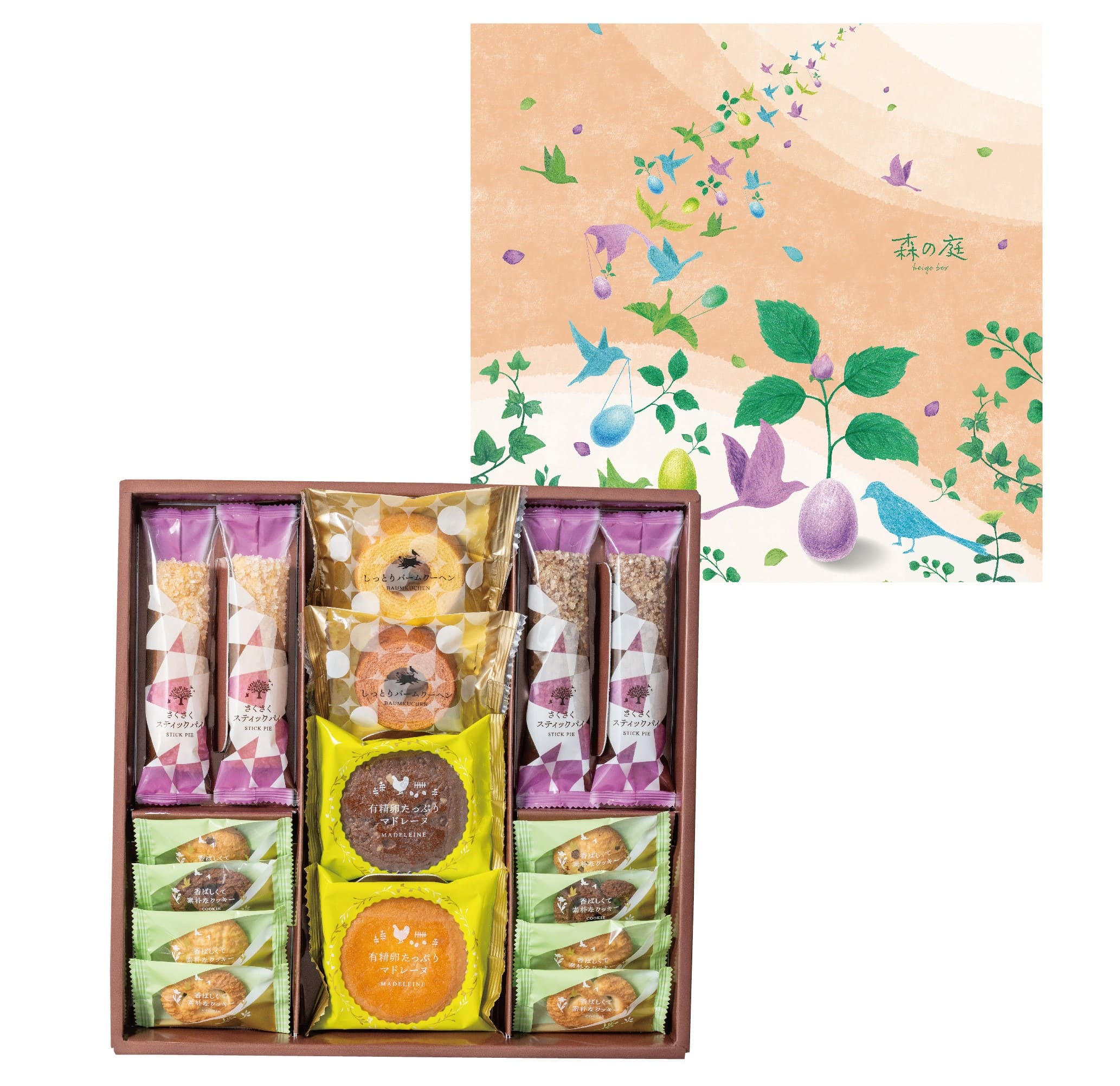 美しい森の中で、色とりどりの花たちと鳥たちがさえずる、森の詩のお菓子。切り株のしっとりバーム、森の枝のさくさくパイなど、森の詩を奏でる焼き菓子を、色鮮やかに描かれた不思議の森のデザインボックスに詰め込みました。●内容/しっとりバームクーヘン...