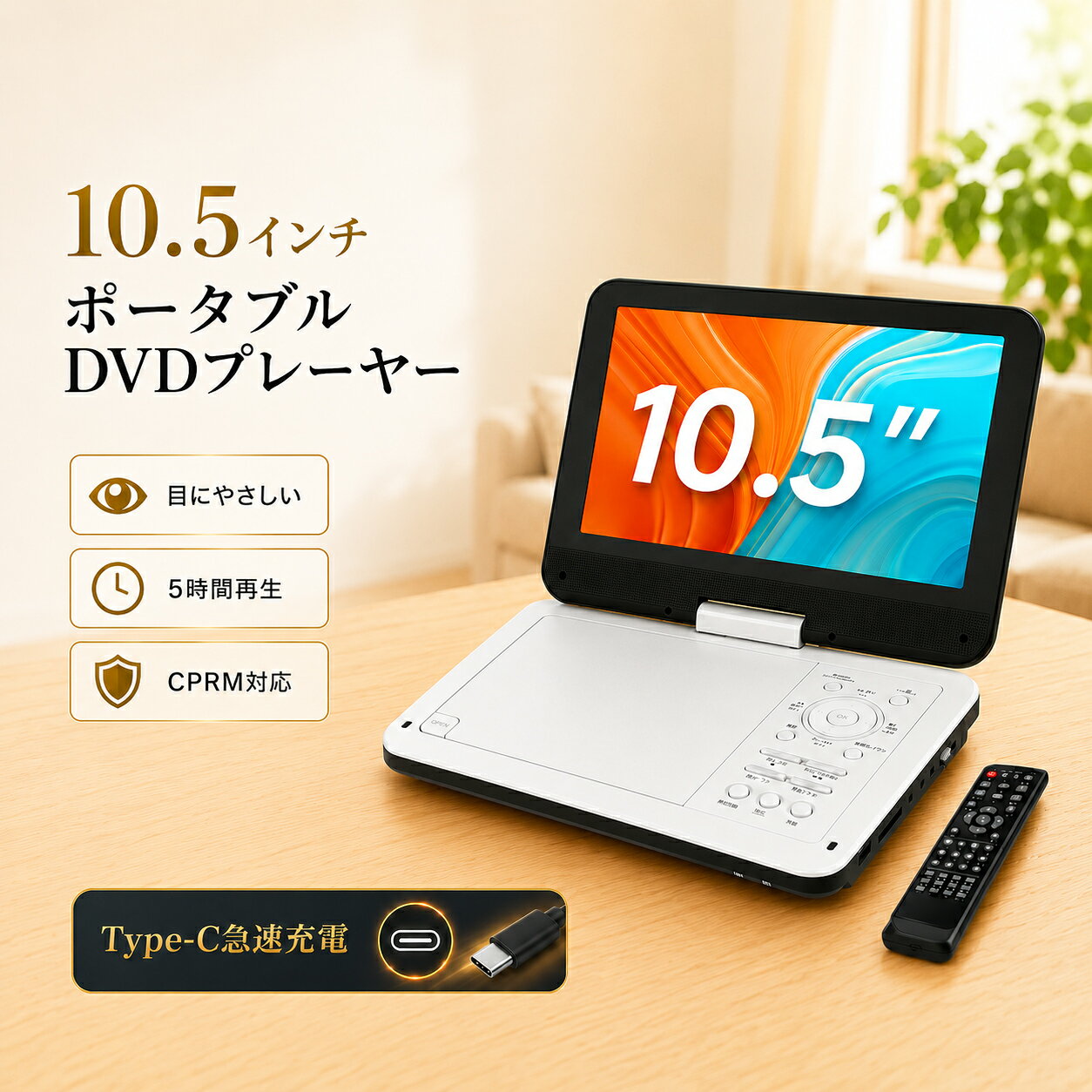 10.5インチ ポータブルDVDプレーヤー Type-C急速充電・目の保護モード・車載対応 車内・旅行・寝室・リビングで、好きなDVDを手軽に楽しめるコンパクトモデル 10.5インチ画面 Type-C急速充電 目の保護モード 270°回転モ...