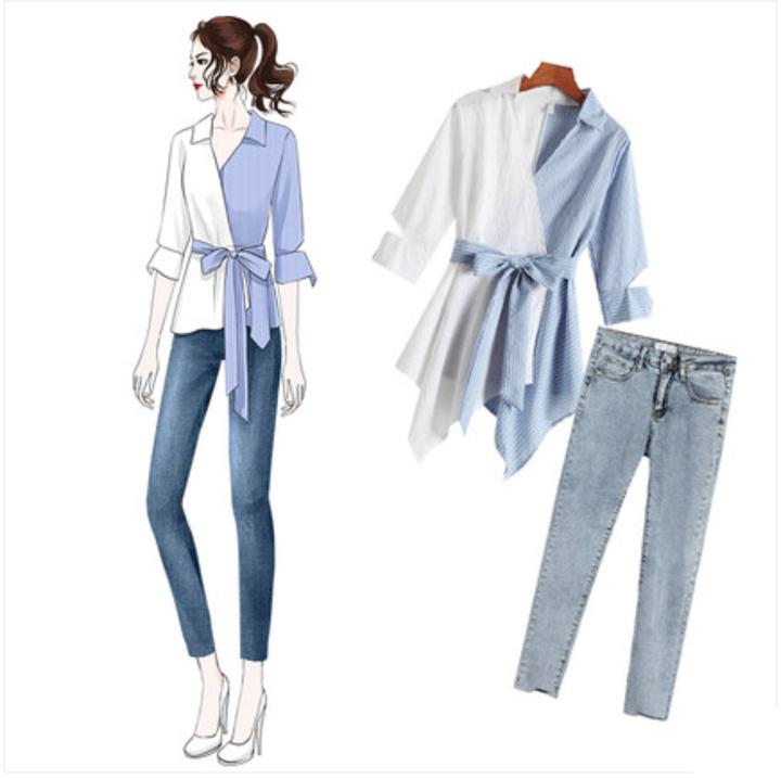 デニムとブラウスの嬉しいセットです。ウエストリボンが女性らしくて可愛いです＾＾切りっぱなしのデニムもオシャレ♪♪♪【サイズ】画像参照　S、M、L、XL、XXLセットでのサイズになります。バラバラでのサイズご希望の方はご連絡下さい。注：手動測...