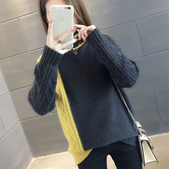 バイカラーの色使いが可愛いハイネックセーターケーブル編みで袖部分もgood＾＾【サイズ】S、M、L、XL、XXL【カラー】画像参照　4カラー注：手動測定にて、2〜4 cmの誤差が生じる場合がございます。撮影ライトとモニターの関係で、写真と異...