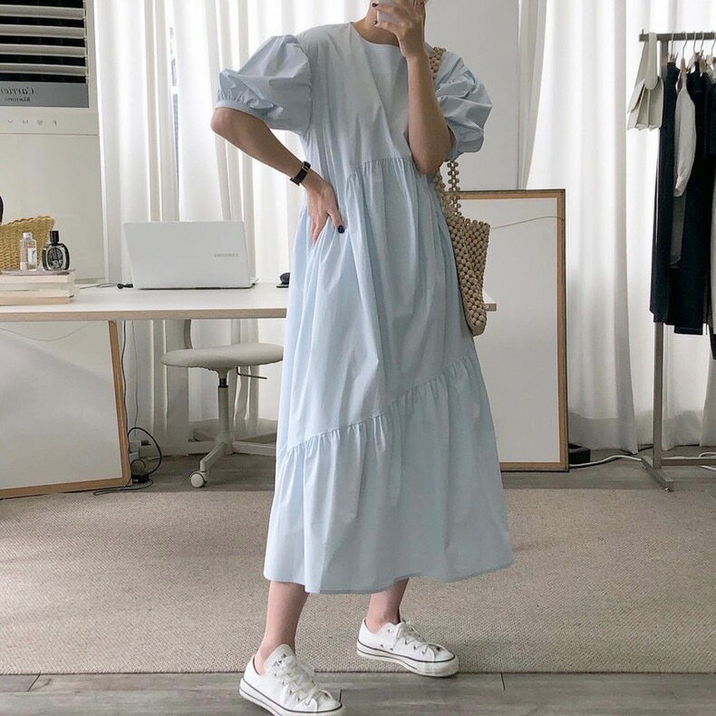 レディース ワンピース 春 夏 秋 半袖 パフスリーブワンピース ロング丈 フェミニン きれいめカジュアル カジュアル 秋冬 フリーサイズ C500 ふんわりコーデに♪ 今季大活躍間違いナシのパフスリーブワンピースデイリースタイルに最適の一...