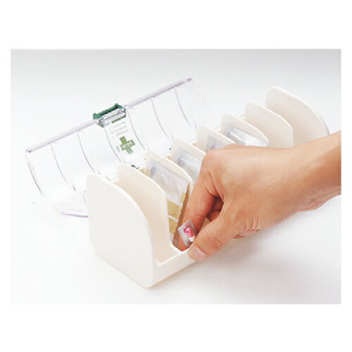 特長 ●1週間（7コマ）タイプ。 ●取っ手付で持ち運べます。傾けても薬が混ざりません。 仕様 ●材質：本体・フタ=AS樹脂、取っ手・止め具=ポリプロピレン ●サイズ：W216×D100×H95mm　