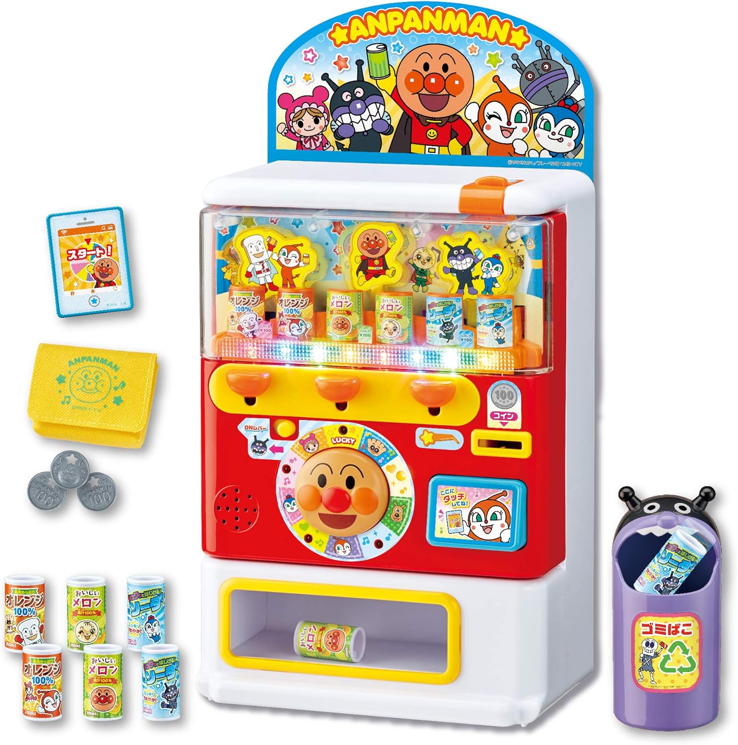 電池/単3×2本(別売) サイズ/W190mm×H370mm×D120mm(本体) 対象年齢/3才以上 コインを入れてボタンを押すとジュースが出てくる、本物みたいなアンパンマンのじはんき! コインを入れてジュースを買ったり、カードをタッチパ...
