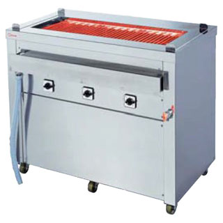商品の仕様●電気容量3φ200V：18.0kw●定格最大電流 (A)：52.0●接続法リード線2m付：直結●火床寸法(mm)：前幅820×奥行300●外形寸法(mm)：前幅1020×奥行580×高さ850●給水接続口(A)15排水接続口(A...