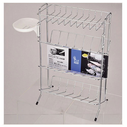 たっぷり収納できるシャンプーラックです。シャンプーなどまとめてスッキリ収納できます。ボトルだけでなくチューブ類や掃除用洗剤も一緒に置ける。固形石鹸も置ける、石鹸皿付きで便利。シンプルなデザインでどんな浴室にもピッタリ！商品の仕様●省スペース...