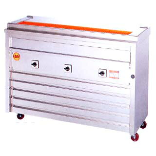 電気容量：3相200V　10.2kW(50/60Hz)火床寸法(mm)：前巾1000×奥行110外形寸法(mm)：W1160×D410×H850重量：156kg熱量調節：3段切替給排水装置：なし付属品：鉄灸2本。選択肢の広い、豊富な機種の焼...