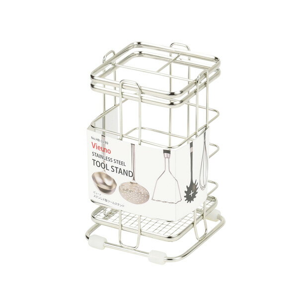 ツールスタンドです。カトラリーやキッチンツール用のスタンドです。オールステンレス製だからサビや汚れに強く衛生的！仕切り付きでスッキリ収納できます。安心のすべり止めゴム付き。商品の仕様サイズ(mm)：幅110×奥行115×高さ185重量：31...