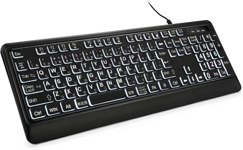 大きめの文字のバックライト付きキーボード、静かなUSB有線コンピューターキーボード、光るホワイトLED付きフルサイズキーボード Windowsデスクトップ、ノートパソコン、PC、ゲームに対応大きめの文字のバックライト付きキーボード：どのキー...