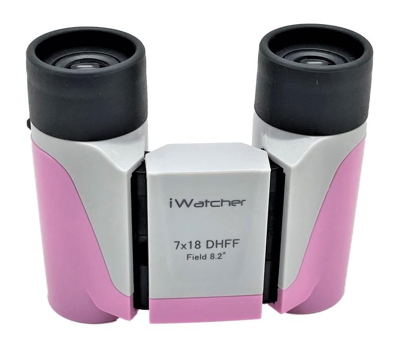 iWatcher 7×18DHFF 双眼鏡 ピント合わせ不要覗くだけストラップ付きお色はブルーとピンクです。ゴムの付いている接眼レンズから覗いてください。フリーフォーカスなので焦点合わせは不要です。倍率：7倍、対物レンズ径：18mm、 最短...