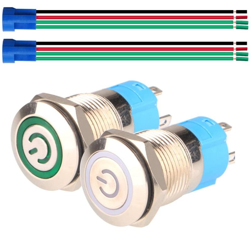 Kiligen 12mmステンレス製オルタネイト 押しボタンスイッチ12V-24V LED NO SPSTオンオフ防水トグルスイッチ（ワイヤーソケットプラグ付き）（青色/赤LED）
