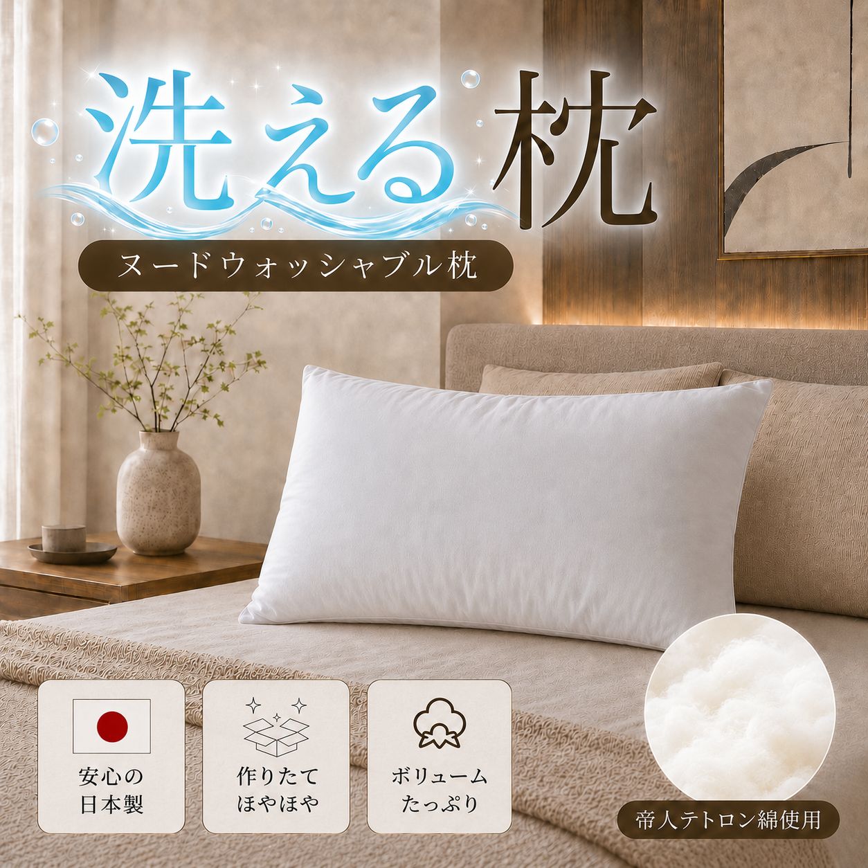 [ 日本製 ] ヌードウォッシャブル枕 35×50cm 中綿たっぷり、ふっくら快適。 日本製ヌードウォッシャブル枕。 ボリューム感抜群でしっかりとした弾力性があり、 満足な睡眠やくつろぎタイムをサポート。 中綿には帝人のテトロン綿を使用して...