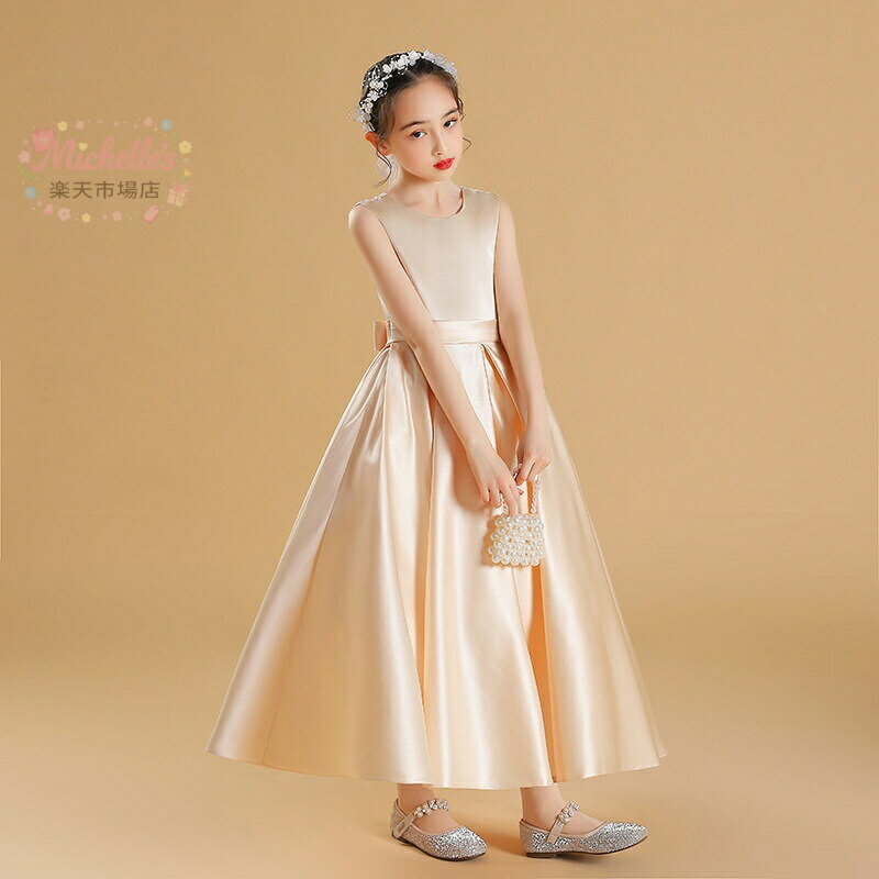 全5色 子供ドレス ピアノ発表会ドレス シャンパン色 サテン ドレス ロングドレス 演奏会ドレス 女の子 黒 オリーブ ネイビー 白 無地 女児ドレス キッズドレス ブラック 紺色 ホワイト ピアノ発表会 演奏会 フォーマル 七五三ドレス ...