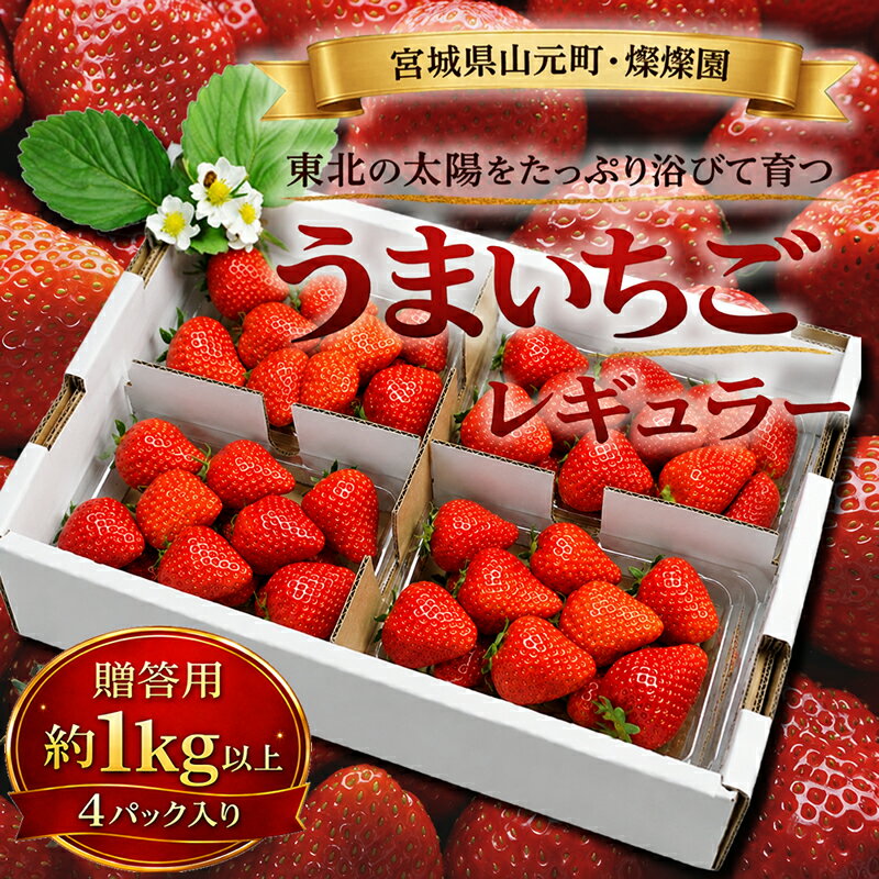 名称 うまいちご レギュラー 原産地 宮城県山元町 内容量 約1040g(260g×4パック) 賞味期限 生ものですので、お早めにお召し上がりください。 保存方法 冷暗所や冷蔵庫などで保存してください。 製造者 株式会社燦燦園宮城県亘理郡山...