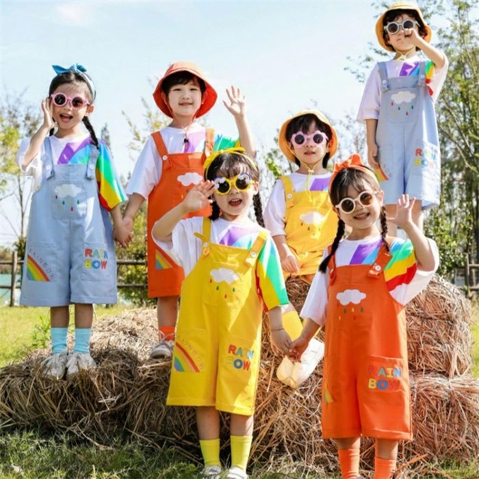 団体服 単品 Tシャツ 半袖 虹色 サロペット オーバーオール 子供用 キッズ 学生服 女の子 男の子 ジュニア 運動会 練習着 体育祭 幼稚園 保育園 合唱 舞台 ダンス衣装 ジャズダンス ヒップホップ ポッピング 演出服 応援団 hip...