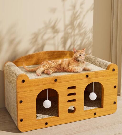 縦横両方向に使える猫用ハウスで、爪とぎ板としても使えます。木目調でおしゃれなデザインで、猫の隠れ家としても最適です。猫ちゃんが快適に過ごせるサイズで、小窓から外を眺めることもできます。安定性耐久性高いです。ウッド素材があることでしっかりした...