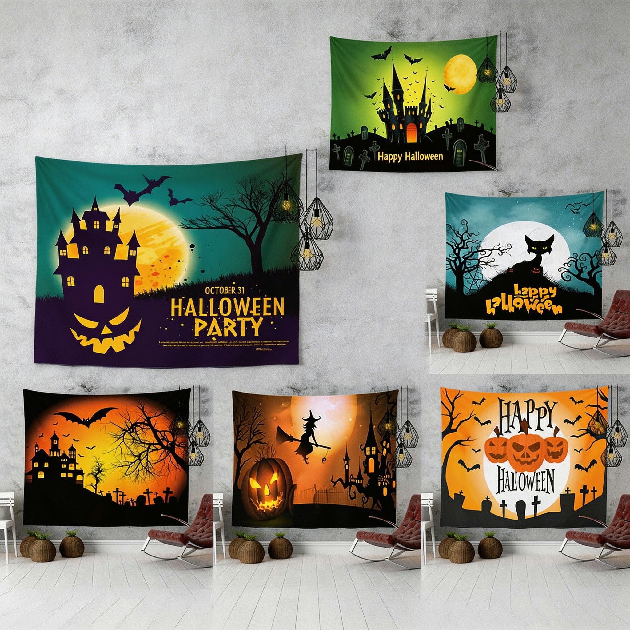 タペストリー ハロウィン 素材：ピーチスキン（ポリエステル） サイズ：150×130cm、150×100cm 柄：A、B、C、D、E、F、G 重量：：125g、165g クリーニング：手洗い/洗濯機洗い 中国製 ハロウィン タペストリー 全...