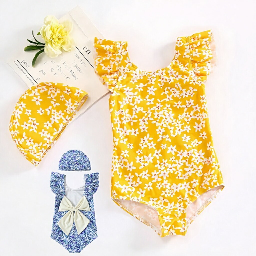 女の子用 ワンピース水着＋スイムキャップ 2点セット（花柄×フリル／90〜140cm） ふわっとフリルに花柄が映える、写真映えばっちりのワンピース水着。背中の大きめリボンがとびきり可愛く、後ろ姿までぬかりなしです。キャップ付きの2点セットだ...
