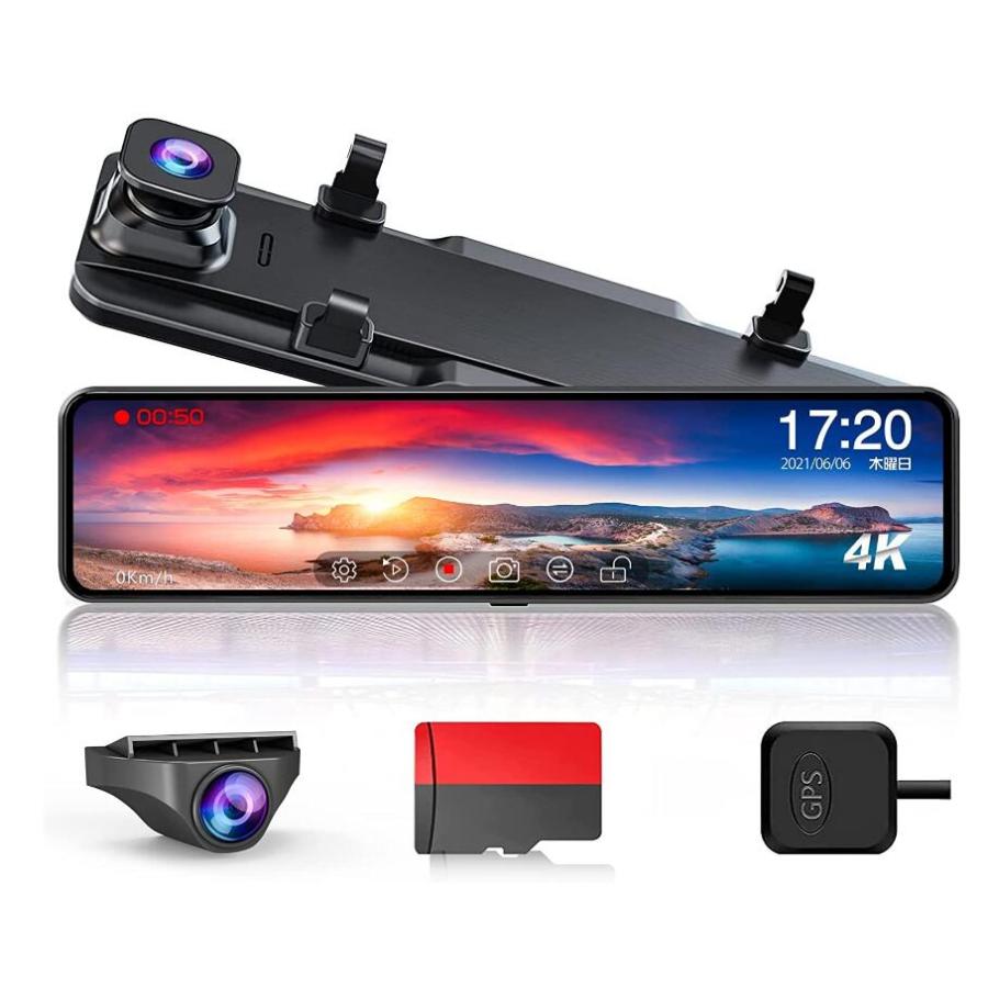 ドライブレコーダー ミラー型 4K 前後カメラ 【12インチ右ハンドル仕様】最新の駐車監視 【業界最強Hsiliconプロセッサを採用しています】デジタル ルームミラー 車載カメラ 高品質32GBカード付属 Sonyセンサー 12インチ タ...