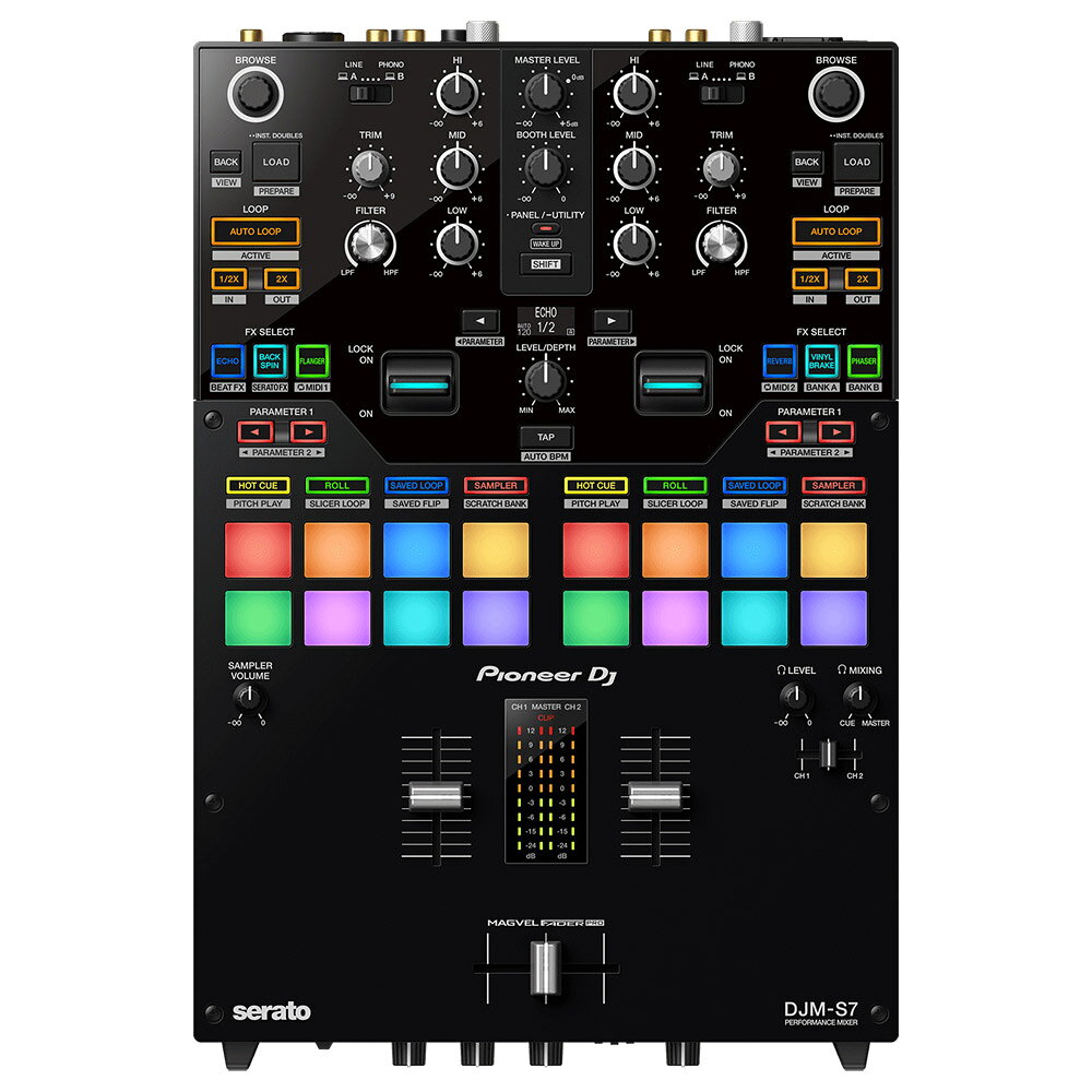 Pioneer DJ「DJM-S7」は、Serato DJ Proおよびrekordboxに対応する、スクラッチスタイルの2chパフォーマンスDJミキサーです。大型PERFORMANCE PAD、22種類のBEAT FX、MAGVEL FA...