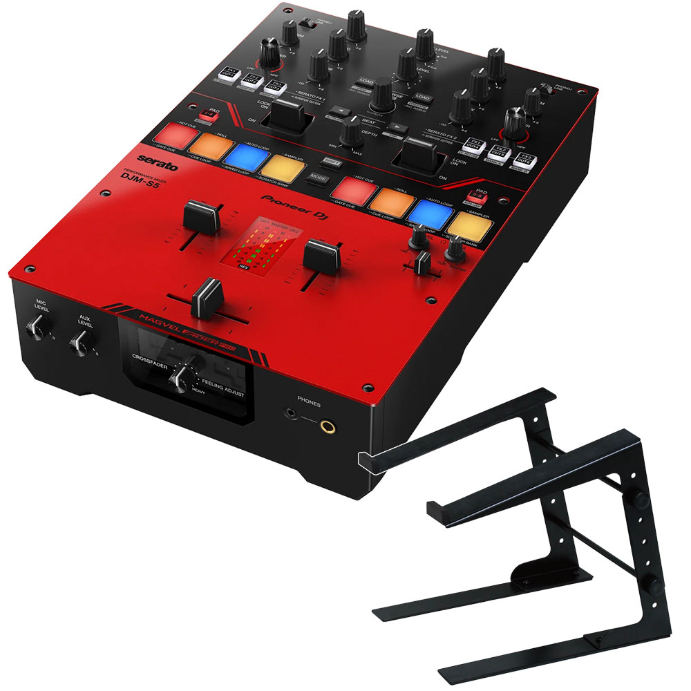 パソコンの設置に便利なPCスタンドセットにしました。 《商品内容》 ・PIONEER DJミキサー DJM-S5 ×1 ・PCスタンド LT-100B ×1 Pioneer DJ「DJM-S5」は、Serato DJ Proに対応したスクラ...