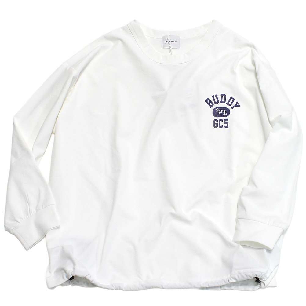 “グルーヴィーカラーズ”のPTTテンジク DRAWSTRING L/S TEE・裾にドローコードがついたワイドシルエットの長袖Tシャツ・左胸にカレッジ風のグラフィティとスケボー犬をプリント・PTTポリエステル天竺を使用・吸水速乾、ストレッチ...