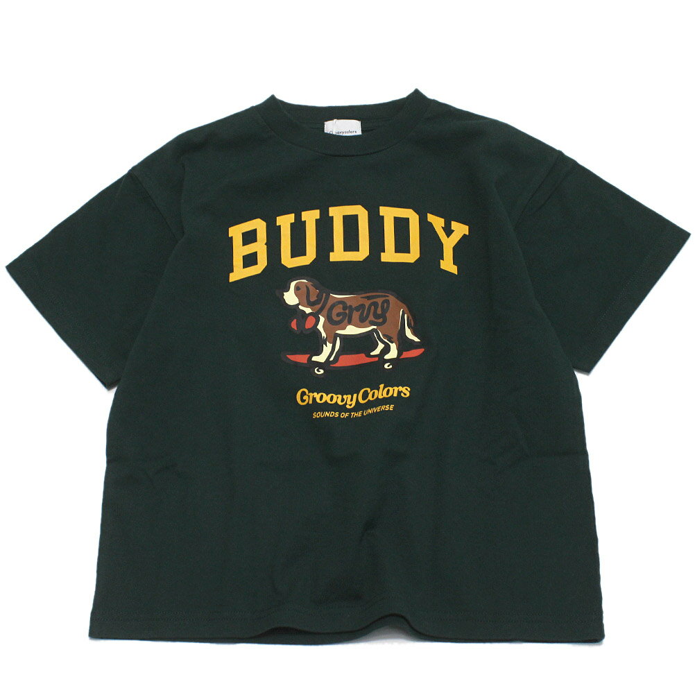 “グルーヴィーカラーズ”のテンジク BUDDY S/S TEE・グルーヴィーカラーズのアイコン犬“BUDDY”のプリントT・首からヘッドフォンを下げスケボーに乗る音楽好きのキャラクター・ブランド定番のややゆとりのあるシルエット・40/2天竺...