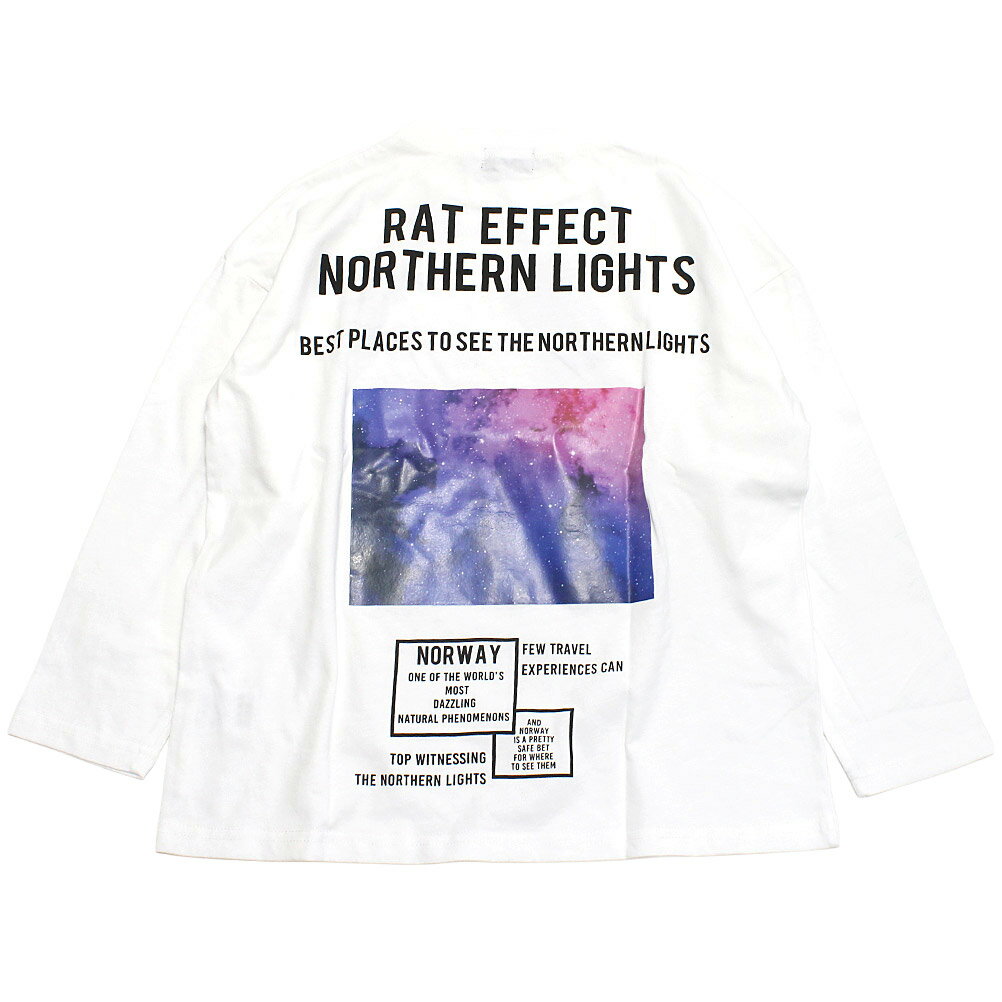 “ラッドエフェクト”のフォトプリントロングTシャツ・フォトプリントTシャツ・オーロラモチーフのプリントがインパクト大・BIGシルエットなのでトレンドスタイルを楽しめる1枚です・ストリートライクに着回しやすい1着※モデルは150サイズを着用本...
