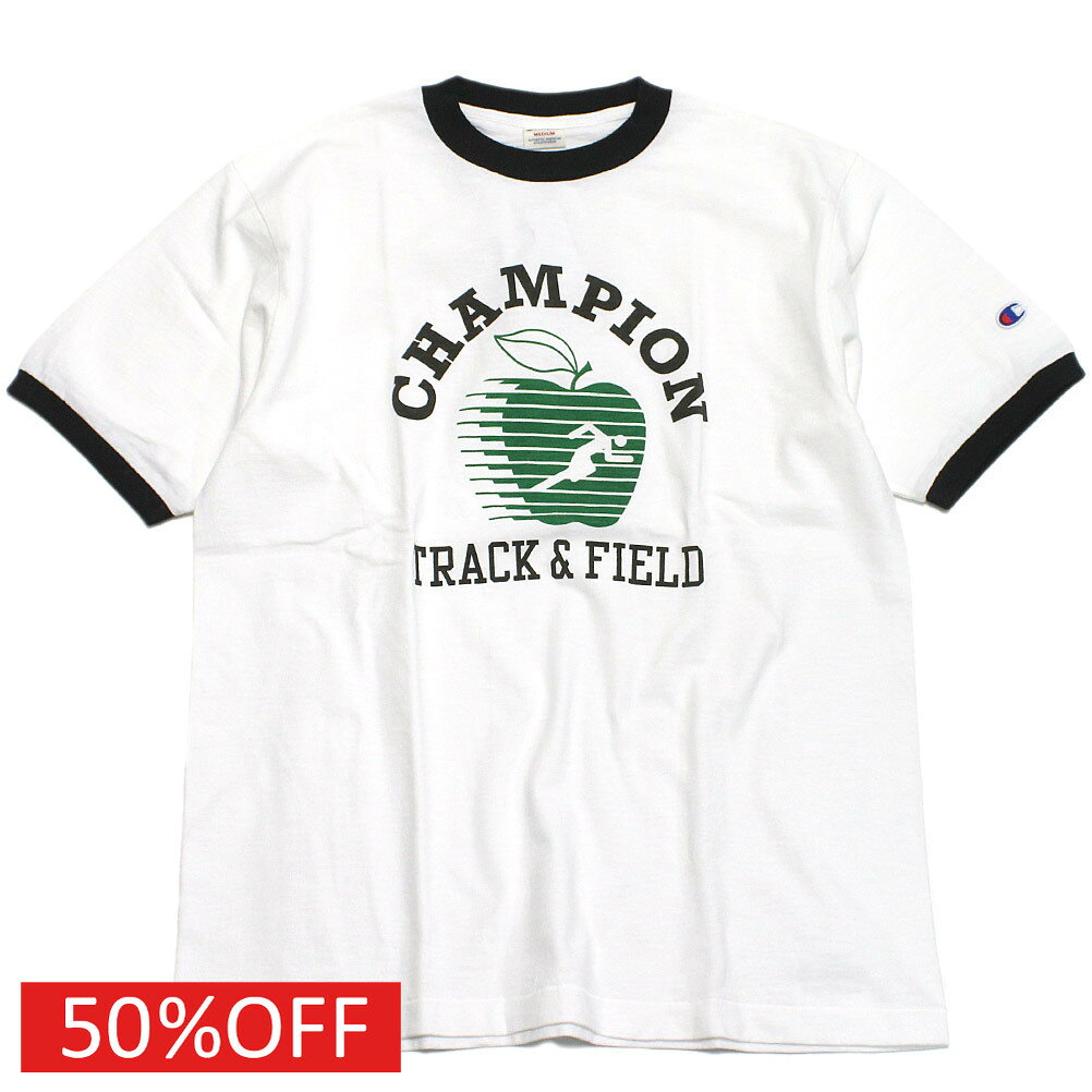 “チャンピオン”のSHORTSLEEVE RINGER TEE・しっかりとしたコットンボディ・首元、袖口の配色を切り替えたリンガーデザイン・リンゴをモチーフにしたスポーティなプリント・ゆったり着れるレギュラーシルエット綿100%レッド(94...