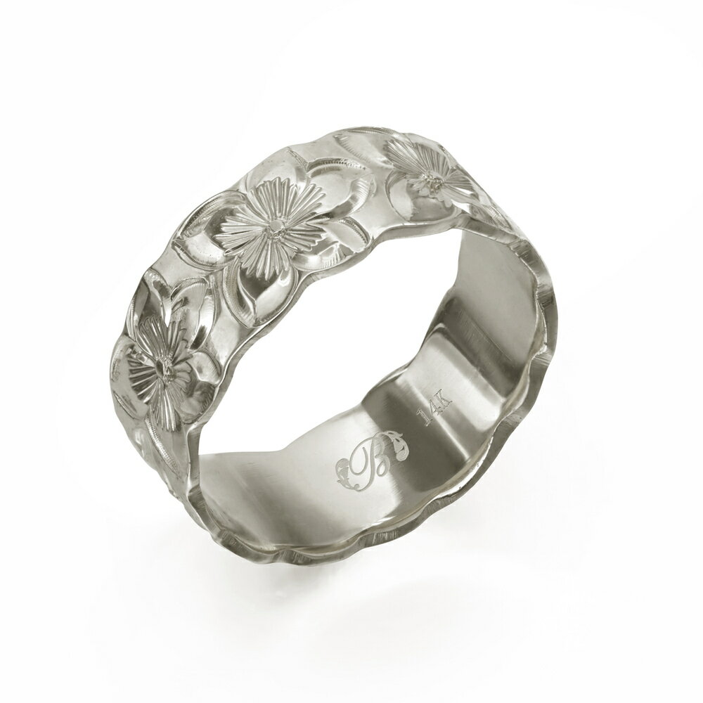 インフォメーションお問い合せ品番WF8D-A商品名14Kホワイトゴールド フラット 幅8mm 厚み1.2mm プルメリア カットアウト リングこちらはオーダーメイド商品です入金確認後に、ハワイの工房に製作を依頼する受注生産の商品です。ご注文...