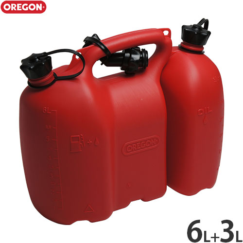 オレゴン コンビ缶 6L+3L 562405 (赤) 燃料6Lとチェーンオイル3Lを同時に持ち運べる携行タンク。ハンドルが大きいのでグローブを付けたままでも持ち運びやすく、置いたときには安定性がよく倒れにくい低重心設計です。燃料用とチェーン...