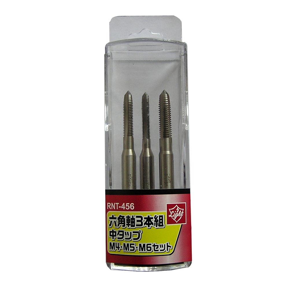 六角軸の中タップが3サイズ各1本が入ったセットです。 ■用途 薄鉄板、アルミ、真鍮等のねじ山の形成および修正 ■機能 タップ立て、ネジ山修正作業に最適です。 通り穴、止まり穴共に使用できます。 ■仕様 ・適合電動機：電気ドリル、インパクトド...