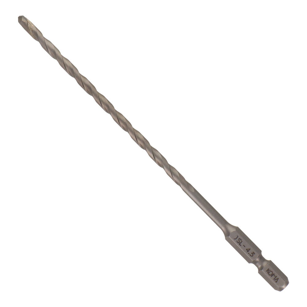 商品情報 品番：JSL-4.3 刃径：4.3mm 全長：150mm 有効長：90mm 特長 振動機能付きインパクトドライバー・電気ドリルで 　コンクリートに穴あけが可能。 各種充電ドリルにワンタッチで装着。 シャンクから刃先まで一体形状の為...
